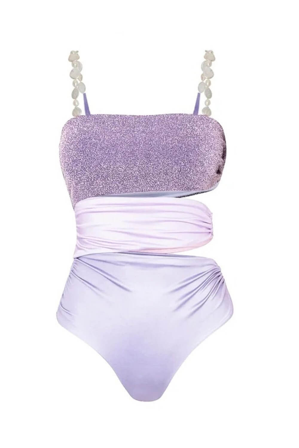 Lilac Pearl Strap Cutout Shiny Texture One Piece Swimsuit – Kroyy